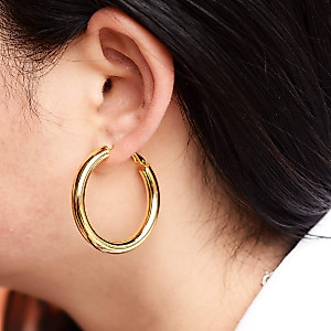 14k Gold Plated Thick Gold Hoop Earrings Lightweight Hollow Tube Earings for Women Hypoallergenic Chunky Gold Hoop Earrings 40mm