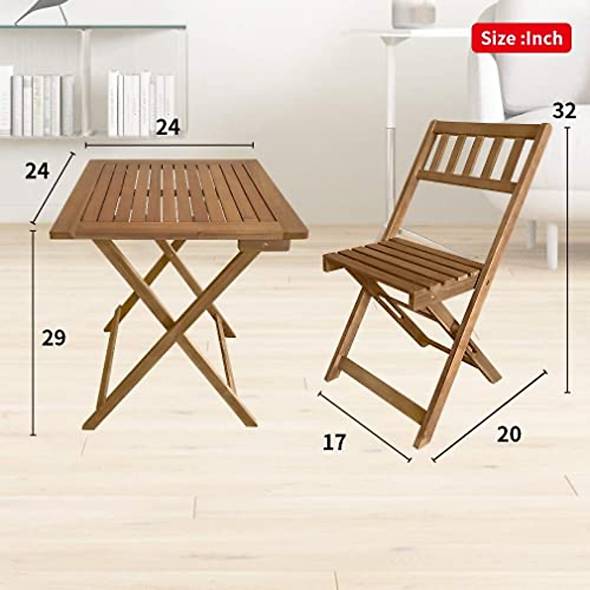 BLKMTY Patio Bistro Set 3-Piece Outdoor Patio Furniture Sets Folding Table and Chairs Acacia Wood Bistro Set Balcony Cafe Table Square Patio Table Chair for Front Porch, Garden, Deck, Backyard