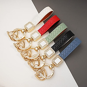 Car Keychain,Lanyard Crystal Bling Hand Wristlet Keychains,Anti-lost D-ring and 2 Key Rings,Leather Key Fob Holder Chain Ring (Green)