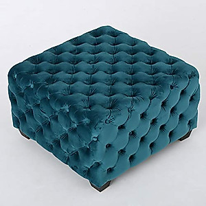 Great Deal Furniture Provence Modern Glam Button Tufted Velvet Ottoman, Dark Teal and Dark Brown
