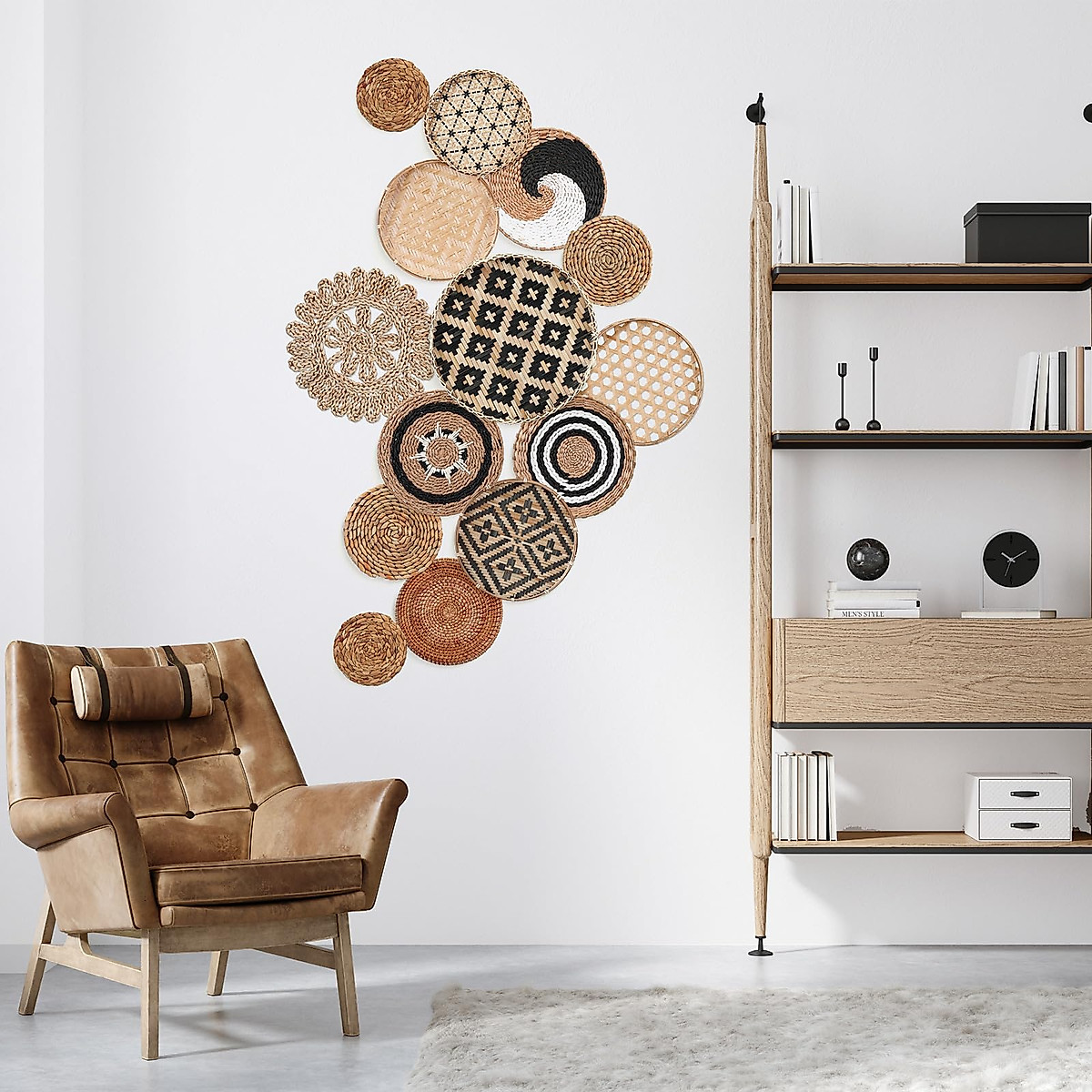 Set of 14 Boho Wall Basket Decor Round Flat Bamboo Rattan Basket Decorative Hanging Woven Basket with Macrame Tassels Handmade Wall Tapestry for Bedroom Living Room Kitchen Farmhouse Crafts