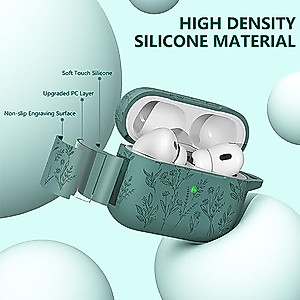 Flower Engraved Case for Apple AirPods Pro 2 Gen,Soft Silicone Protective Case Cover for AirPods Pro 2nd/1st Generation AirPod Case with Clean Kit Carabiner,Lanyard,Front LED Visible,Pine Green