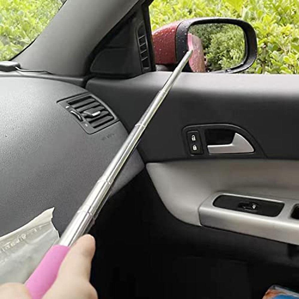 Dewkou 1 PC Car Rearview Mirror Wiper, Retractable Wing Mirror Squeegee Cleaner 38.6In Long Handle Car Cleaning Tool Mirror Glass Mist Cleaner (Red)