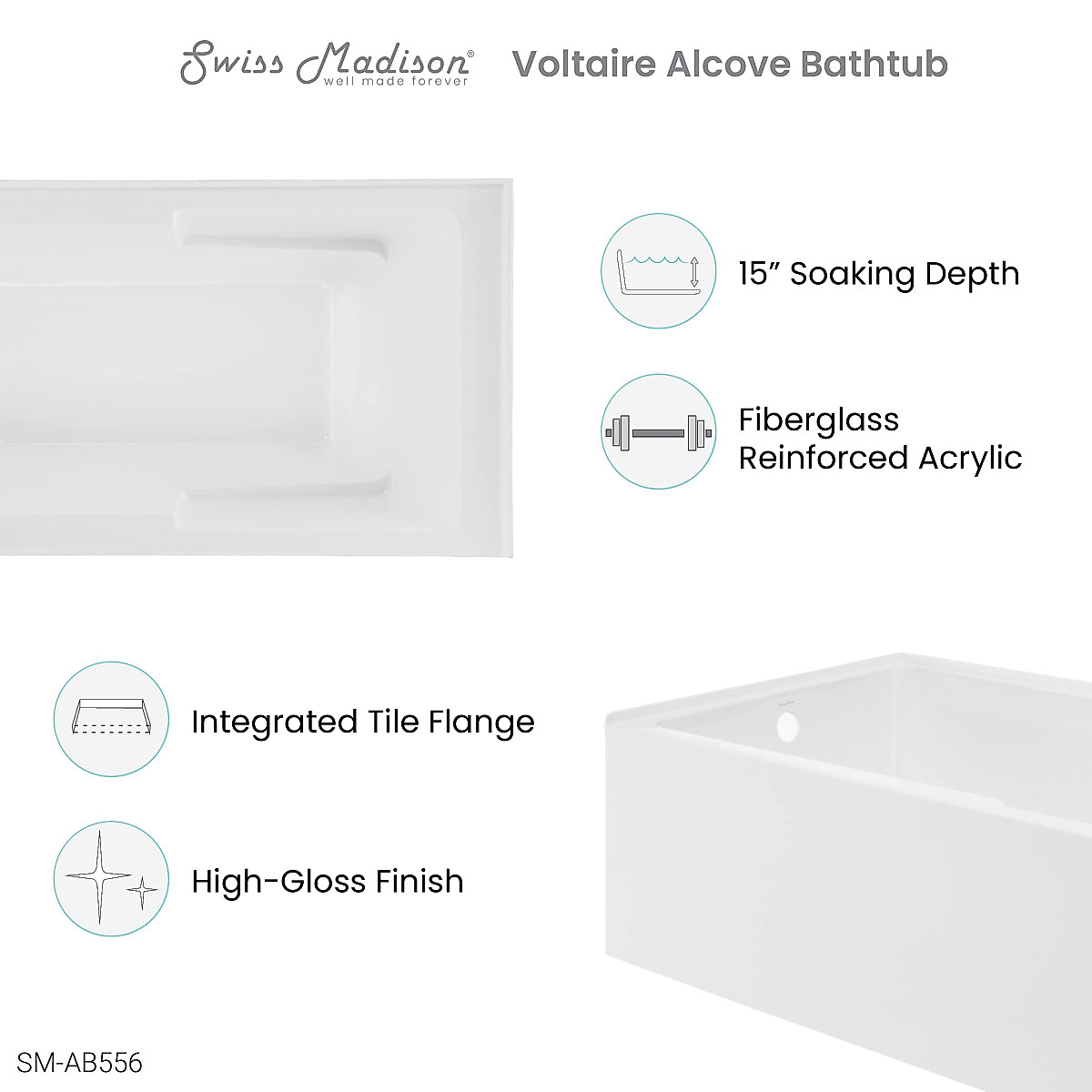 Swiss Madison Well Made Forever Voltaire 72" x 36" Left-Hand Drain Alcove Bathtub with Apron