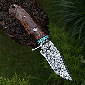 TIGEROUS Handmade Damascus Hunting Knife with Scout Horizontal Carry Leather Sheath Fixed Blade Full Tang for Camping, Hiking, Skinning,Survival (Deer Hunter) (Apo)