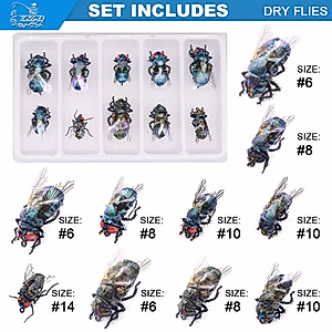 YZD Realistic Fly Fishing Dry Wet Nymph Trout Flies Topwater Lures for Freshwater Saltwater High Simulation Hand Tie Lure Kits 10 pcs