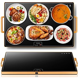 Electric Warming Tray（Large 24"x16"），Food Warmer with Thermostat and Full Surface Heating，Food Warming Mat with 2 Temperature Modes for Parties Buffet，Gatherings，Gold Edge Handles Warming Mat for Food