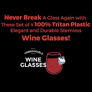 YO BISTRO Unbreakable Stemless Wine Glasses | Set of 4 + Gift Box | 100% Tritan Shatterproof Plastic | 16 Oz | Dishwasher Safe