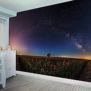 Stars Moon a Field Sunflowers Peel and Stick Wallpaper Removable Self-Adhesive Large Wallpaper Roll Wall Mural Sticker Home Decor for Living Room Bedroom