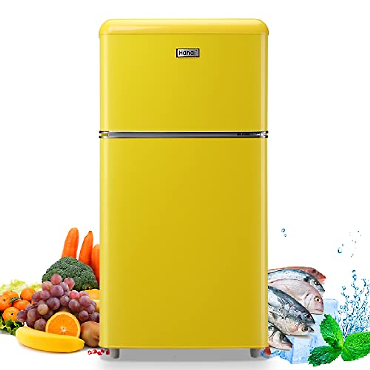 WANAI Compact Mini Refrigerator 3.2 Cu.Ft Small Refrigerator with Freezer, Retro Mini Fridge with Dual Door,7 Adjustable Thermostat, Adjustable Shelves For Dorm, Office Bedroom, Yellow