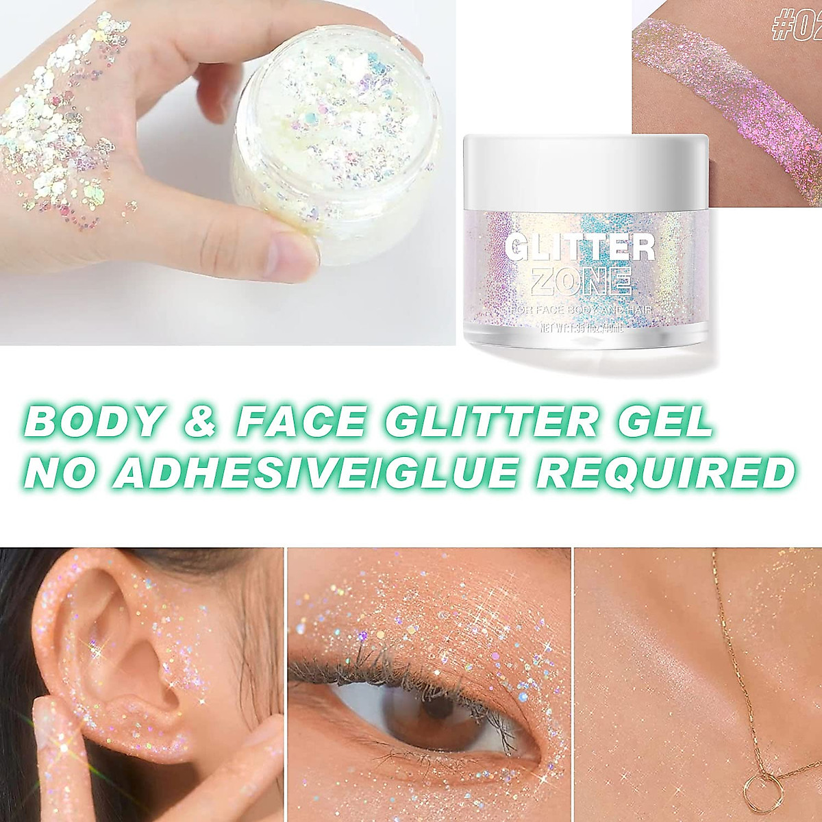 LemonSac Holographic Body Glitter Gel for Body, Face, Hair and Lip Glitter Makeup. Color Changing Glitter Gel Under Light with a Non Color Changing Glitter Gel (2# Sparkling Pink+Pearl White)