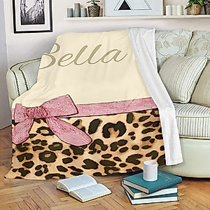 Leopard Print Baby Pink Bow Baby Blanket with Name Custom Personalized Super Soft Nursery Fleece Throw Blankets for Newborns Baby Shower Girls Kids Birthday Gift 30 X 40 inch