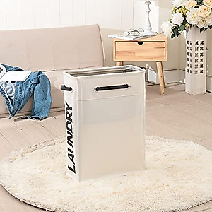 Comfortez Slim Laundry hamper with handles Portable Narrow cloth hamper Skinny laundry hamper Waterproof Clothes hamper Fabric baskets for laundry（Beige）