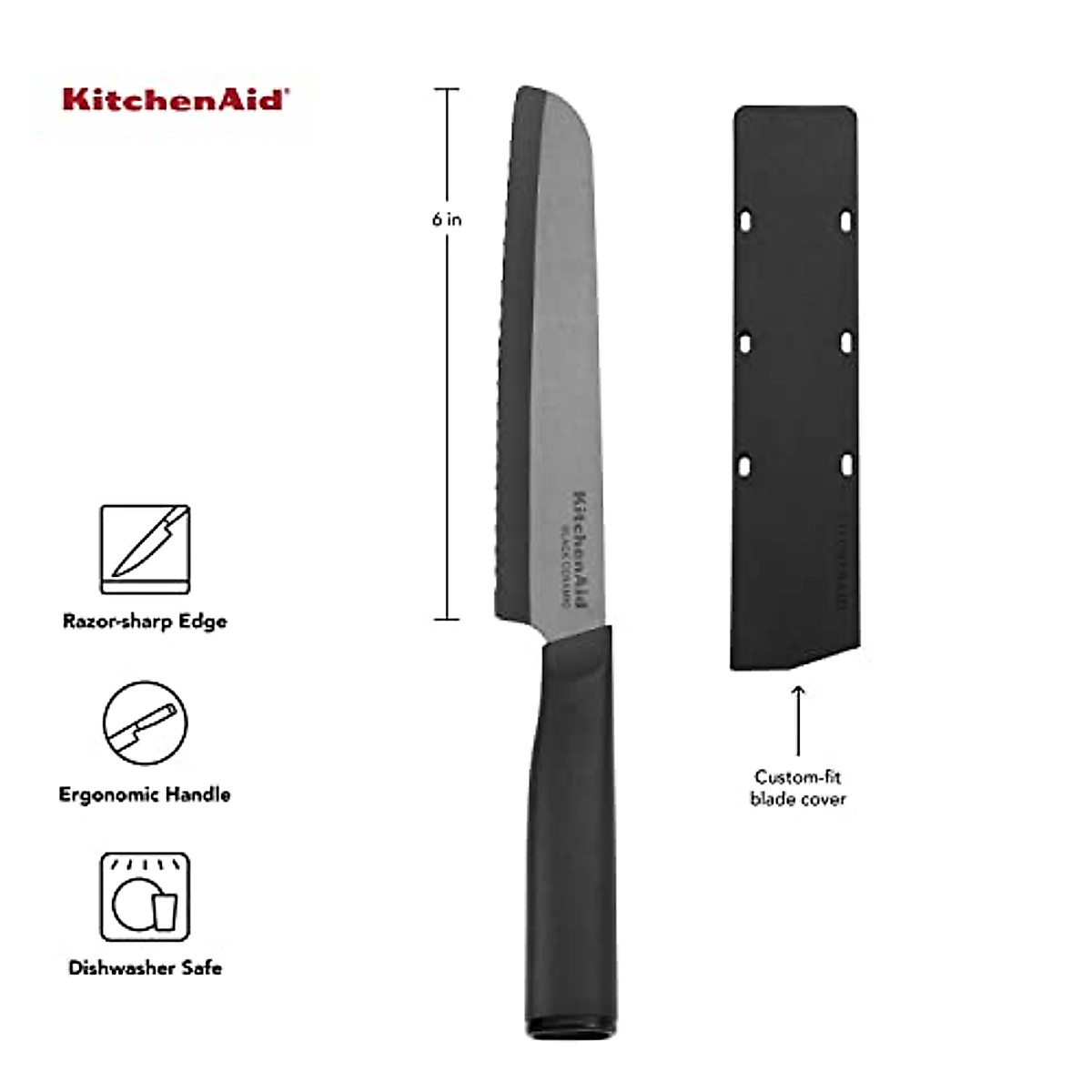 KitchenAid Classic Ceramic Serrated Bread Knife with Custom-Fit Blade Cover, Sharp Kitchen Knife, Dishwasher-Safe, 8-Inch, Black