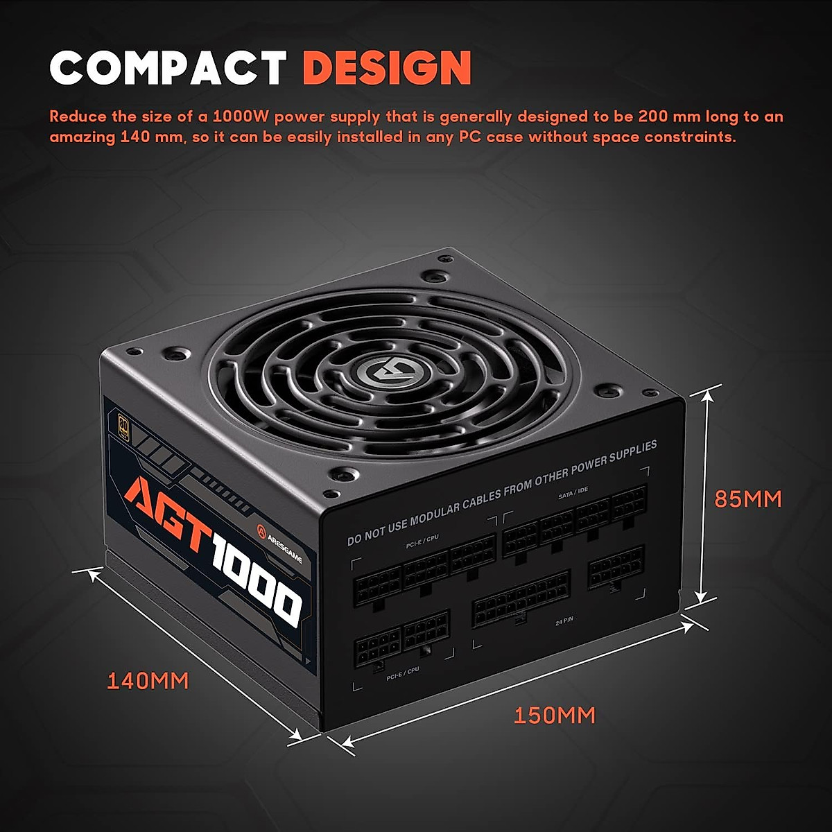 ARESGAME AGT Series ATX 3.0 & PCIE 5.0 1000W Power Supply, 80+ Gold Certified, Fully Modular, FDB Fan, Compact 140mm Size, 10 Year Warranty, ATX Gaming Power Supply