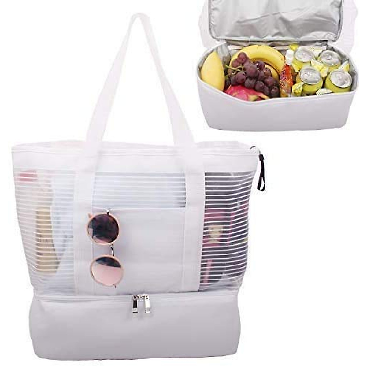 Large Mesh Beach Tote Bag with Zipper and Insulated Picnic Cooler Leak-proof for Beach Pool Outdoor Trave Gym