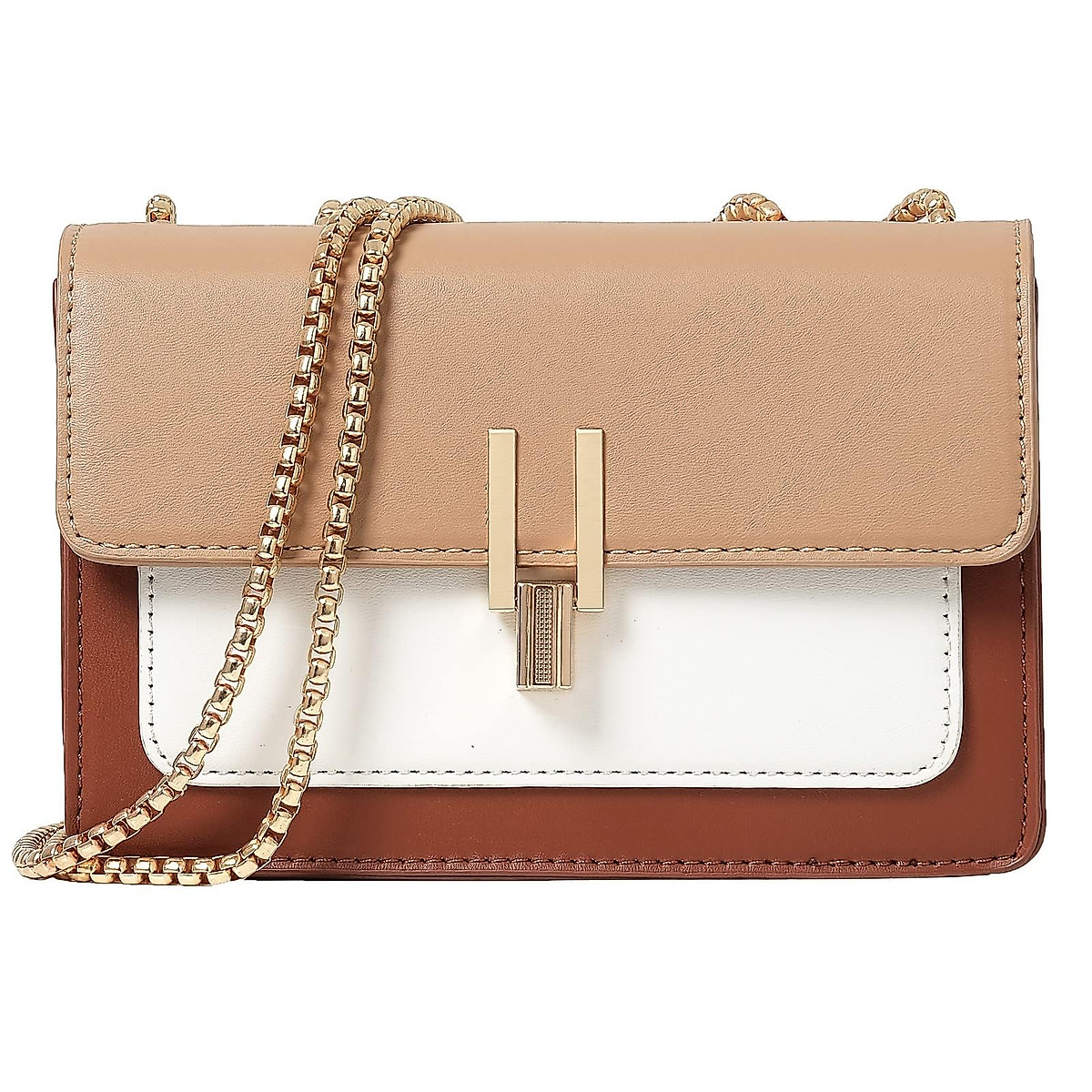 Crossbody Bags Cute Faux Leather Trendy Cross Body Bag for Women Small Color-Block Designer Handbags Ladies Satchel Chain Strap Shoulder Bag Brown Beige