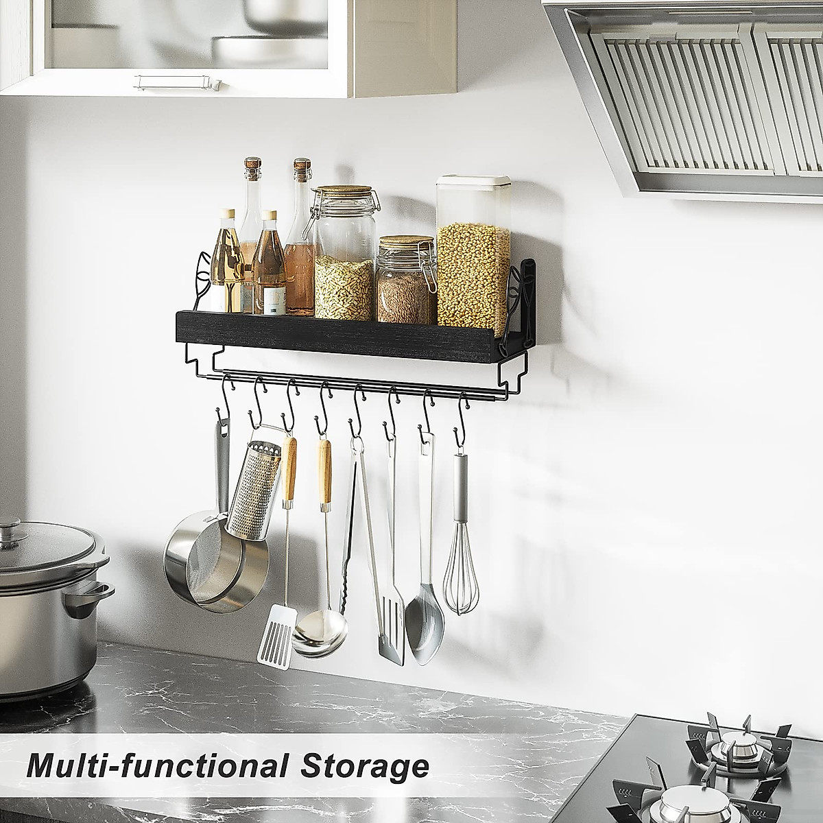 Love-KANKEI Wine Rack with Stemware Hanger, 17inch Wine Glass Rack, Floating Shelf Wall Mounted, Wood Wall Shelf for Kitchen, Dinning Room, Home Bar, Living Room etc, Pitch Black