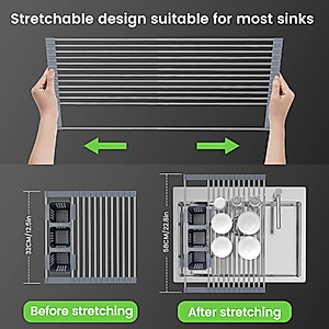 Expandable Roll Up Dish Drying Rack Up to 22.8''with 2 Storage Baskets,Over The Sink Kitchen Rolling up Dish Drainer Dish Drying Rack in Sink, Foldable,Rollable,for Kitchen Dishes,Cups,Fruits,Forks