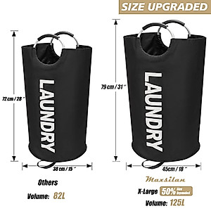 Maxsilan 125L X-Large Laundry Basket, Freestanding Tall Clothes Hamper, Collapsible Laundry Bag,Waterproof with Foam Protected Aluminum Handles for College Dorm, Family, Black