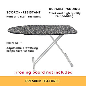 SAVUK Ironing Board and Cover Drawstring Tightening with Thick Felt Padding Scorch Resistant Easy Fit Heavy Reflective Duty Adjustable 3 Layer Standart Size 15x54 inch(Geometric Grey)