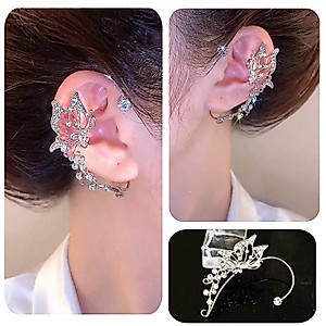 2 Pcs Butterfly Ear Cuff Earrings for Women Non Piercing Rhinestone Goth Fairy Elf Ear Cuff Butterfly Ear Wrap Earrings for Bridal Wedding Prom For Teen(Silver)