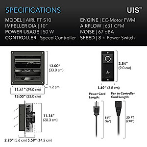 AC Infinity AIRLIFT S10, Shutter Exhaust Fan 10” with 10-Speed Controller, EC Motor - Wall Mount Ventilation and Cooling for Sheds, Attics, Workshops, and Greenhouses