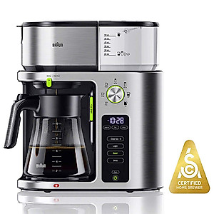 Braun MultiServe Coffee Machine 7 Programmable Brew Sizes / 3 Strengths + Iced Coffee & Hot Water for Tea, Glass Carafe (10-Cup), Stainless Steel, Silver KF9170SI