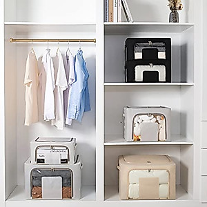 FAikhom 3 Pack Stackable Storage Bins- Foldable Metal Frame Storage Box Oxford Fabric Stackable Clothes Container Organizer with clear Window & Carry Handles (66L, Beige)