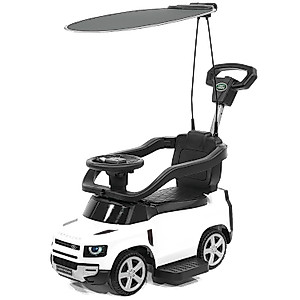 Land Rover Defender Kids Ride On Push Car Foot to Floor RideOn Toy with Removable Sunshade Canopy + LED Lights + Music & Engine Sounds + Locking Steering Wheel (White)