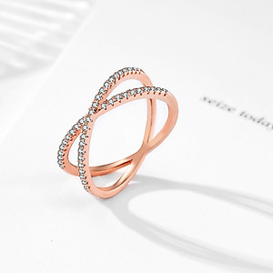 X Ring Sterling Silver, Cubic Zirconia X Criss Cross Ring for Women, (rose-gold-plated-silver, 6)