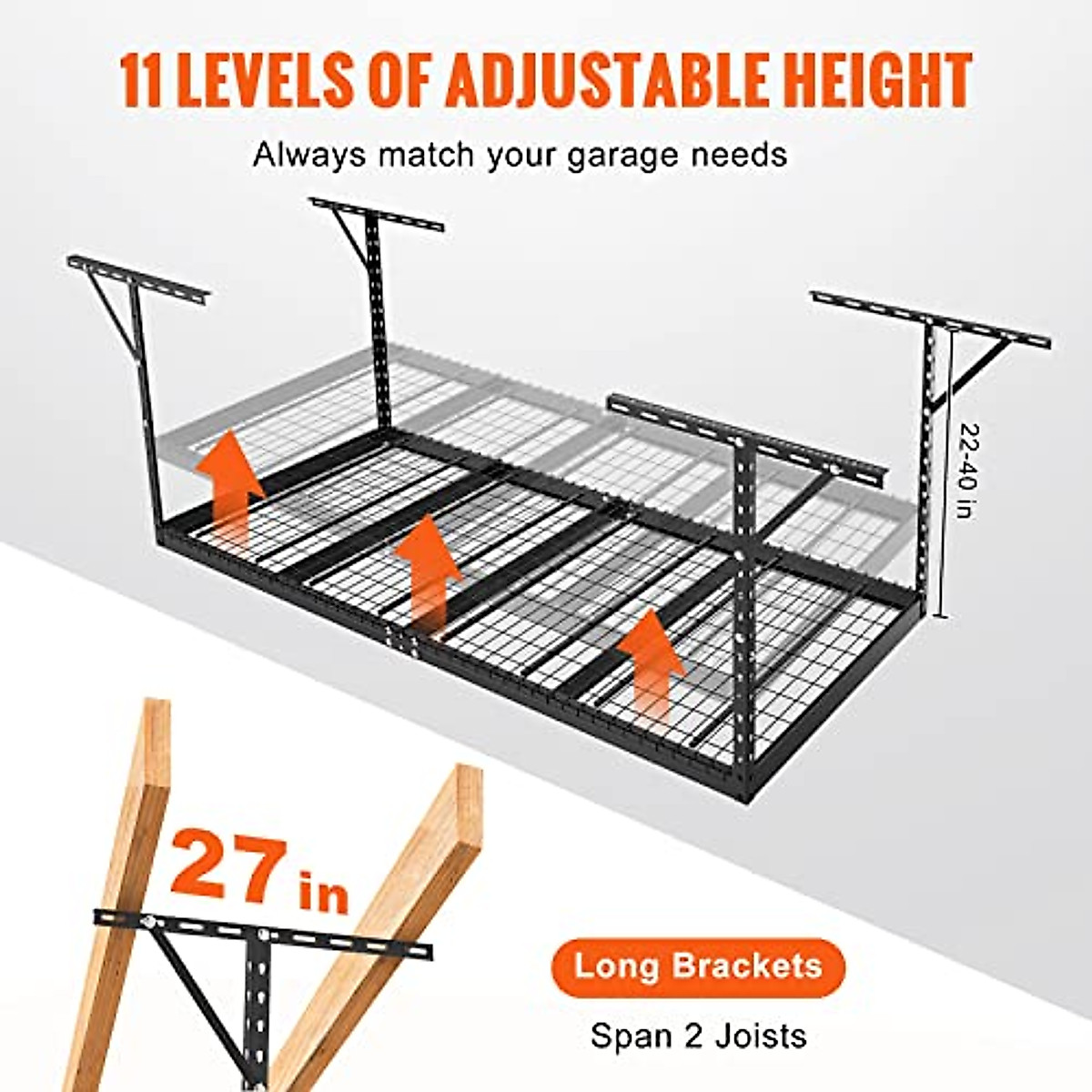 VEVOR Overhead Garage Storage Rack, 4x8 Garage Ceiling Storage Racks, Heavy Duty Adjustable Cold Rolled Steel Racks for Garage Storage, Organization, 600 lbs Load Capacity, 22''-40" (Black)