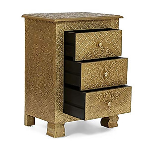 Christopher Knight Home Upson Handcrafted Boho 3 Drawer Nightstand, Gold