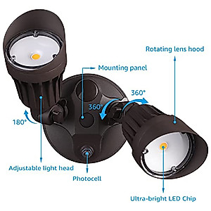 LEONLITE Dusk to Dawn LED Security Lights, Adjustable Dual-Head Flood Light Outdoor with Photocell, 20W(150W Equiv.), Wet Location, ETL Listed, 3000K Warm White, Aluminum Housing, Bronze