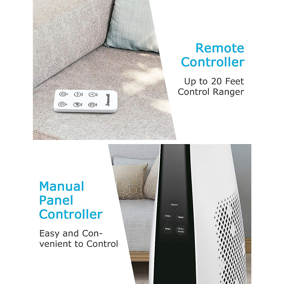 BREEZEWELL 43 Inch Bladeless Tower Fan w/ 3 Wind Speeds & 3 Modes, 15-Hour Timer, Remote Control, Ultra-quiet & Slim 45° Oscillating Personal Fan for Whole Room Home & Office