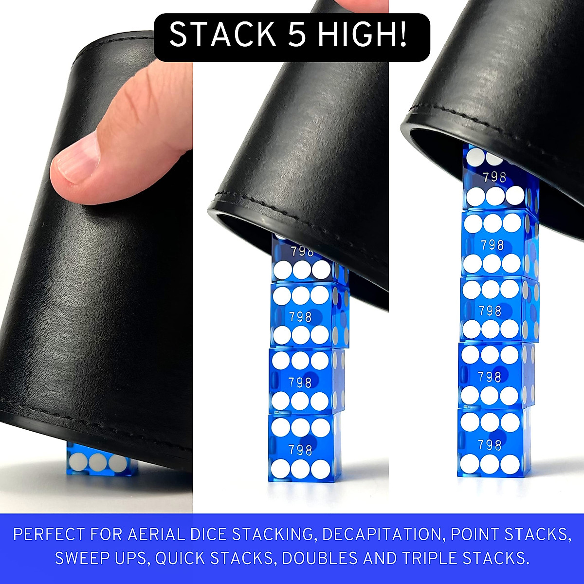Luck Lab Black Leather Dice Stacking Cup with 5 Serialized Razor Edge 19 mm Casino Dice - Pro Straight Cup for Stacking and Magic Tricks (Blue Dice)