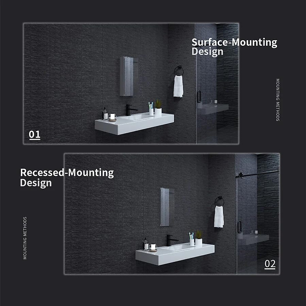 Liviza 12 in.W x 24 in.H Frameless Wall Recessed or Surface-Mount Bathroom Medicine Cabinet with Beveled Single Mirror, Built-in 3-Tier Glass Shelf, Copper-Free Silver Mirror, Silver Aluminum Frame