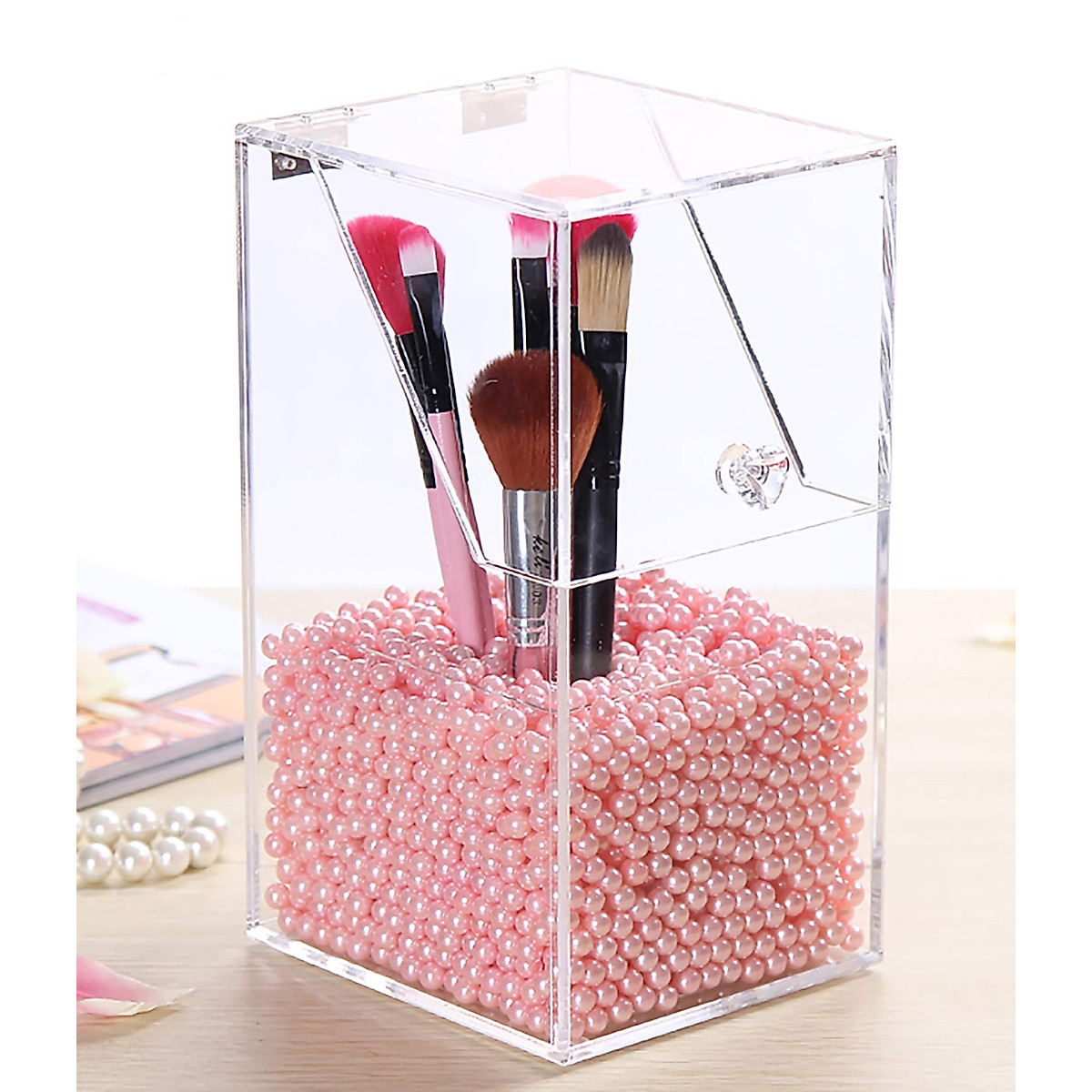 Jucoan Clear Acrylic Makeup Brush Holder with Lid, Pink Pearls, Cosmetic Makeup Brushes Holder with Cover, Brush Storage Organizer Case for Bathroom, Bedroom, Vanity, Countertop