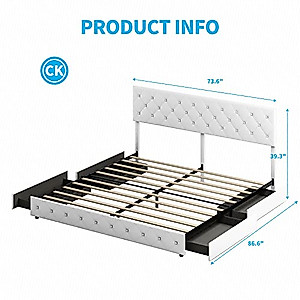 Mjkone Upholstered Platform Bed Frame with 4 Storage Drawers, PU Leather Modern Bed Frame with Adjustable Headboard, No Box Spring Needed/Easy Assembly (White, California King)