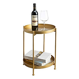 HollyHOME 2-Tier Round Metal End Side Table, Accent Anti-Rust Waterproof Simplistic Sofa Table, Modern Tray Outdoor&Indoor Folding Coffee Table, (D) 15.75" x(H) 20.47", Golden