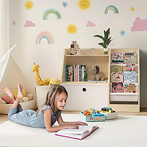 TOETOL Kids Bookshelf & Book Storage，4 Sling Wooden Toddler Book Shelf，2-Tier Wooden Open Bookcase & Storage Organizer Boxes for Nursery, Playroom, Bedroom