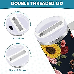Jihqo Dark Sunflowers and Roses 40 oz Stainless Steel Vacuum Insulated Tumbler with Handle and Straw Lid, Leakproof Water Bottle Double Wall Travel Mug Coffee Cup, Cupholder Friendly