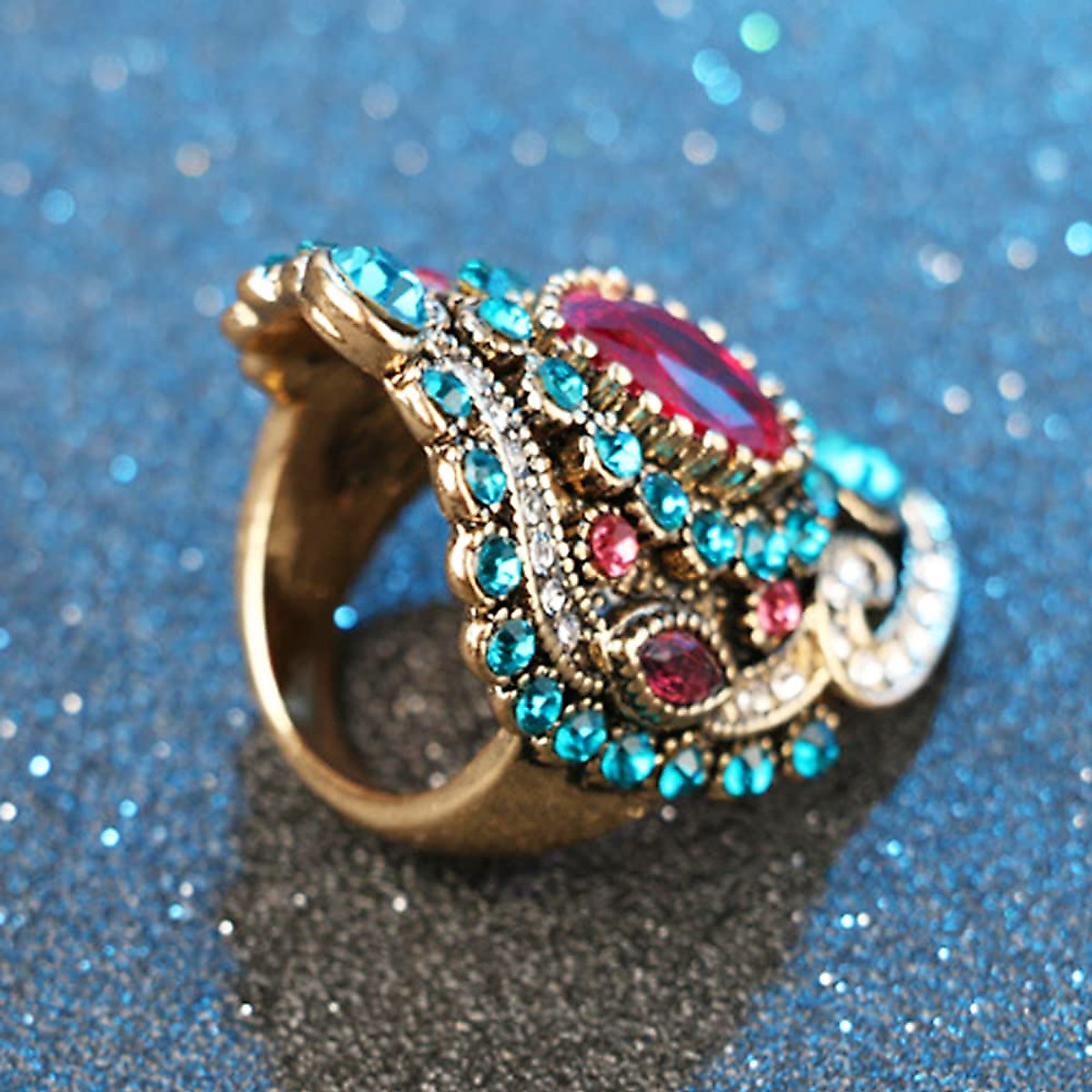 ABJFJE Retro Crystal Cocktail Statement Ring Antique Colorful Rhinestone Stacking Wedding Band Rings Fashion Jewelry Accessories for Women Gift