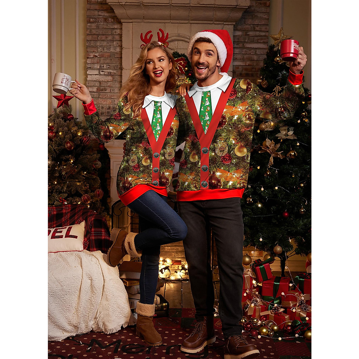 Arvilhill Christmas Men's Ugly Holiday Party Sweatshirt Tie Printed Light Bulb Long Sleeve Sweater Xmas Bells 2XL