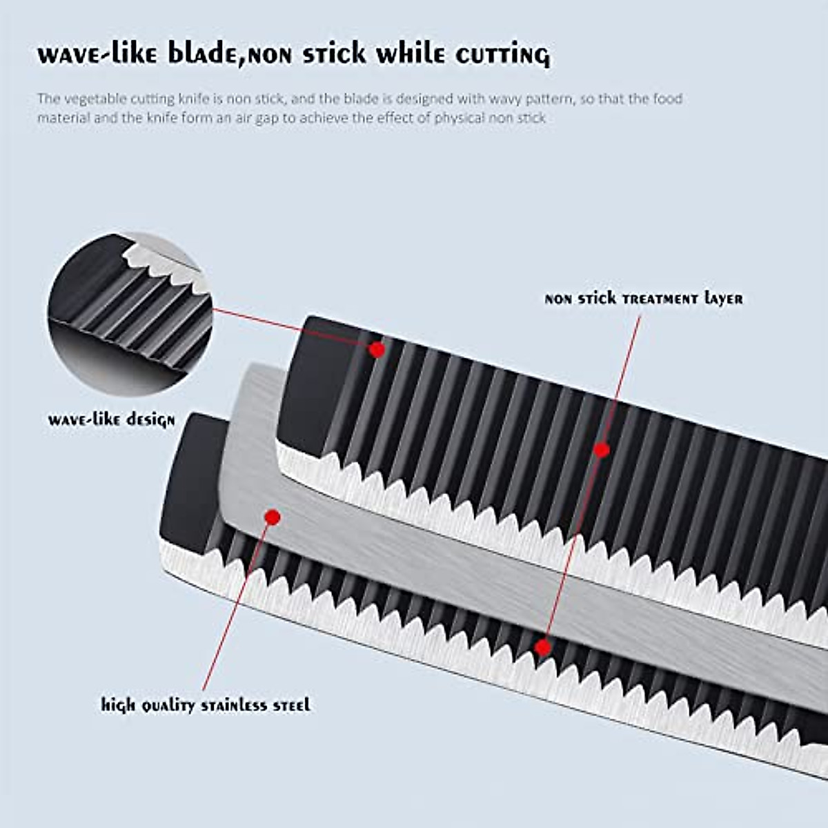 GAJING 6PCS Non-stick Black Kitchen Wavy Pattern Lightweight Knife Set with Ergonomic Handle Includes Chef Knife,Carving Knife,Slicer,Paring knife,Peeler and a pair of scissors