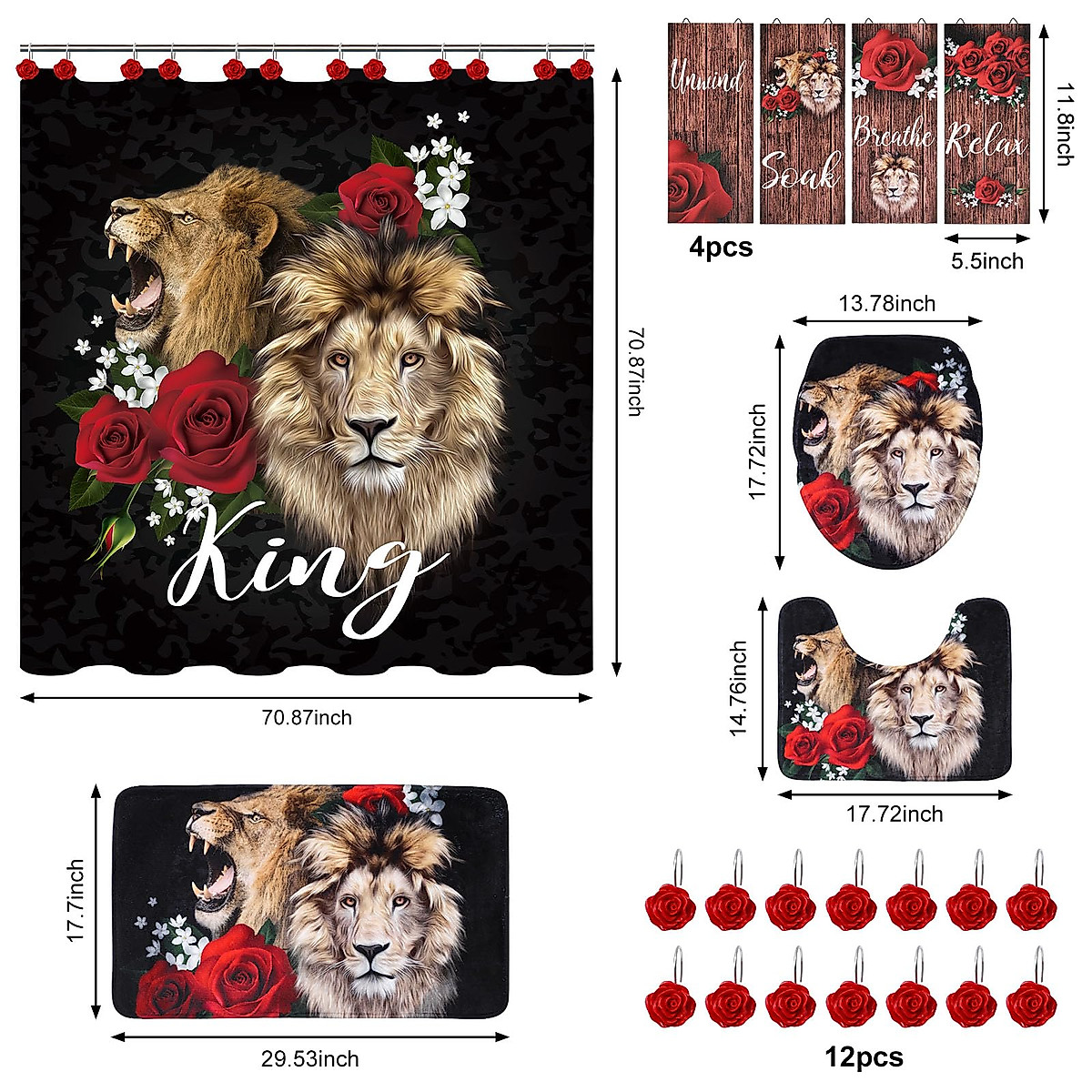 20Pcs Bathroom Sets Rose and Lion Shower Curtain Set with Non-Slip Rugs, Toilet Lid Cover and Bath Mat, 12 Resin Hooks, Bathroom Wall Sign Decor Set