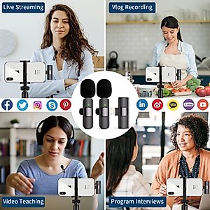 Caymuller Professional Wireless Lavalier Lapel Microphone for iPhone iPad, Mini Lapel Mics Plug-Play 2.4G Ultra-Low Delay Noise Reduction Chip for Video Recording Interview Podcast Vlog YouTube Tiktok
