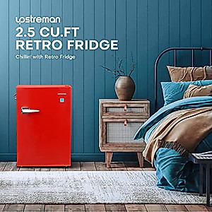 Upstreman 2.5 Cu Ft Retro Compact Refrigerator, Mini Fridge with Freezer for Bedroom, Adjustable Thermostat, Side Bottle Opener, Small Fridge for Office, Bedroom, Dorm, Bar, Red-CR25