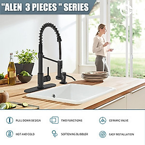 Casavilla Kitchen Faucet Set, Black Kitchen Sink Faucets with Pull Down Sprayer and Soap Dispenser, Single Handle Stainless Steel Faucets for Kitchen Sinks, Farmhouse Kitchen Faucets with Deck Plate