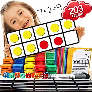 Magnetic Ten Frame Set: 8 Durable Ten-Frames + 100 Colorful Counters + 80 Math Flash Cards + 10 Dice - Addition & Subtraction - Math Manipulatives Kit for Home, Kindergarten & Elementary Teachers